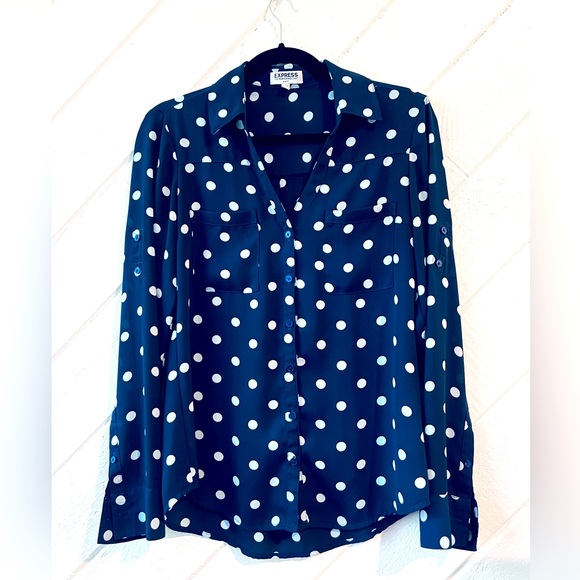 Express | Tops | Express Blue Polka Dot Button Down Editors Blouse ...